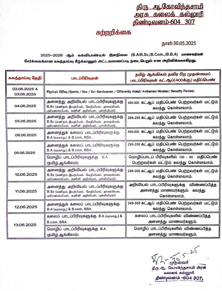 Thiru A. Govindasamy Govt. Arts College – Tindivanam, Villupuram – 604307